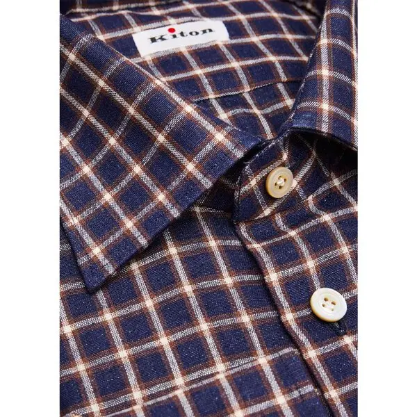 Kiton Linen-blend Windowpane Plaid Dress Shirt