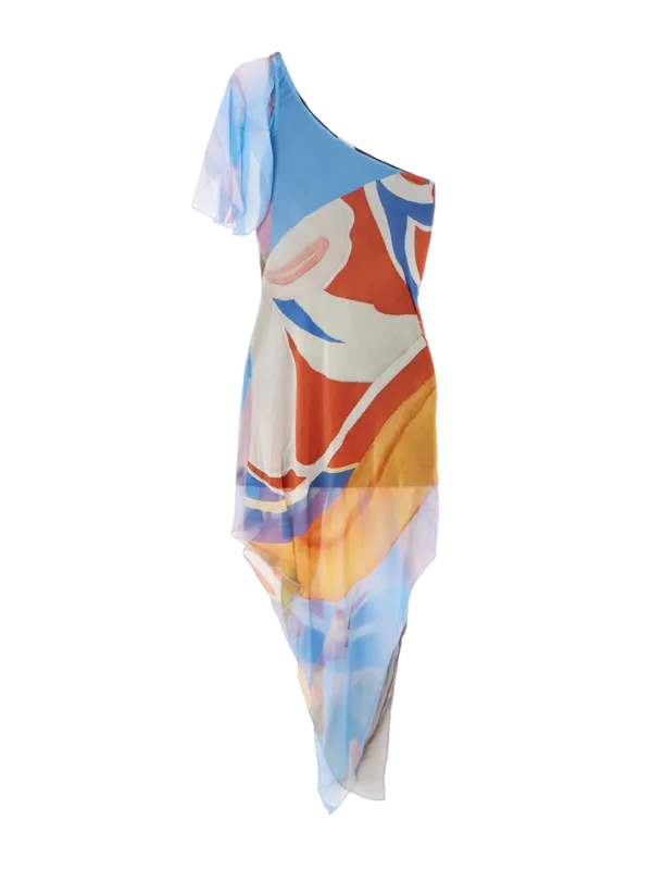 DONDE ESTEBAN Palenque Flores One-shoulder Asymmetric Printed Silk-chiffon Mini Dress - Multi