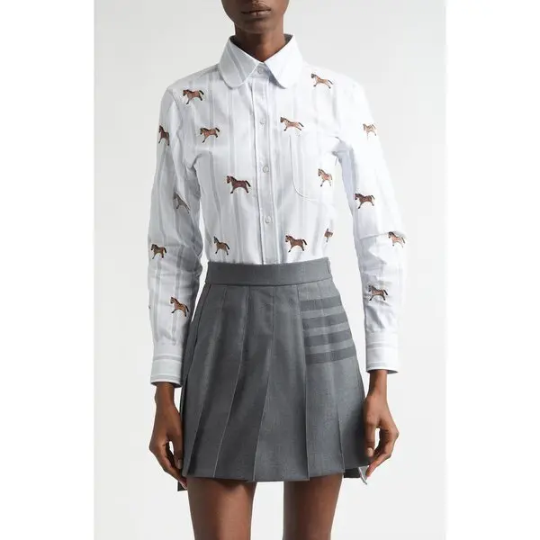 Thom Browne Lunar New Year Horse Embroidered Oxford Shirt - Medium Blue