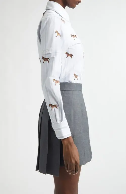 Thom Browne Lunar New Year Horse Embroidered Oxford Shirt - Medium Blue