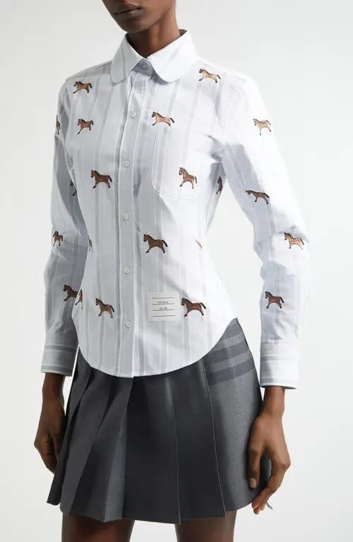 Thom Browne Lunar New Year Horse Embroidered Oxford Shirt - Medium Blue