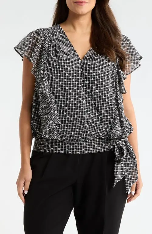 LIVERPOOL Plaid Swiss Dot Flutter Sleeve Ruffle Top