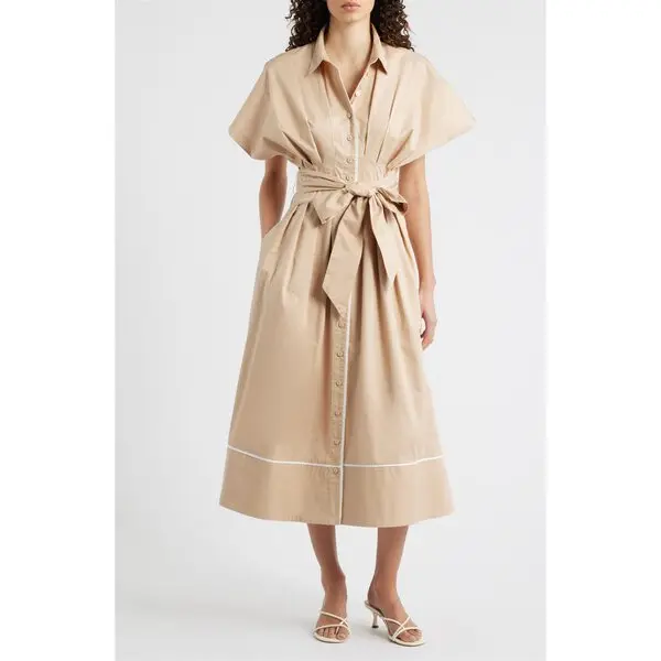 FREEMARKET Tie Waist Midi Shirtdress - Khaki/white