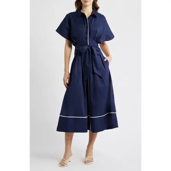 FREEMARKET Tie Waist Midi Shirtdress - Navy/white