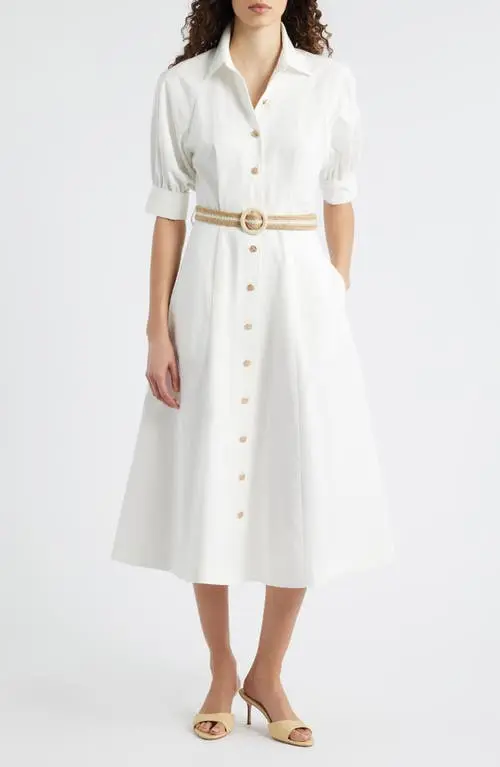 FREEMARKET Puff Sleeve Belted Cotton Midi Shirtdress - White