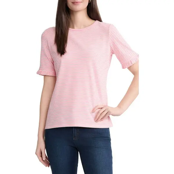 Jones New York Striped Ruffle-cuff T-shirt - Coral Canyon/natural White