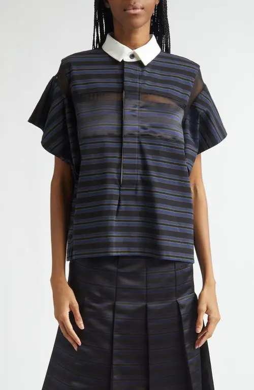 Sacai Striped Cropped Cotton Shirt - Black/navy