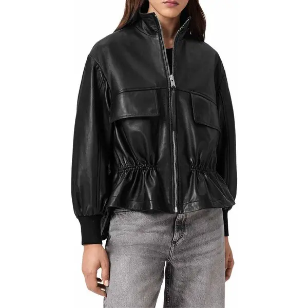ALLSAINTS Flor Leather Peplum Jacket - Black