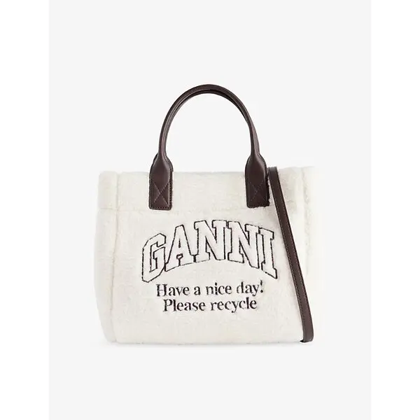 GANNI Brand-embroidered Faux-shearling Shopper Bag - Egret