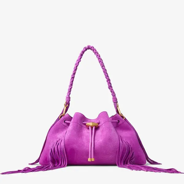 JIMMY CHOO Cinch Medium Suede Bucket Bag With Fringes - Violet Orchid/violet Orchid/gold