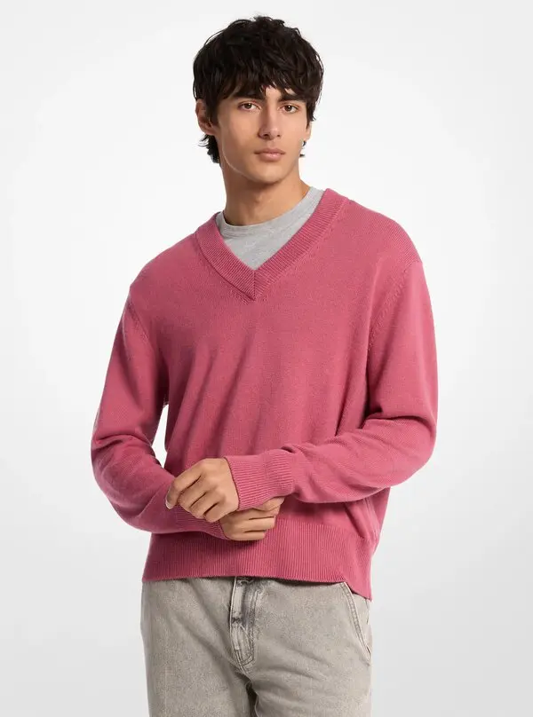 Michael Kors V-neck Merino Wool And Organic Cotton Blend Sweater - Pink