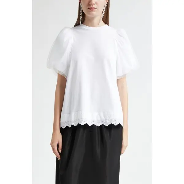 Simone Rocha Eyelet Trim Puff Sleeve Knit Top - White