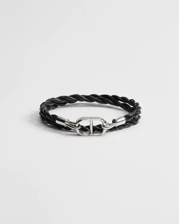 Dior Cd Icon Woven Leather Double Bracelet - Black Calfskin And Silver-finish Brass