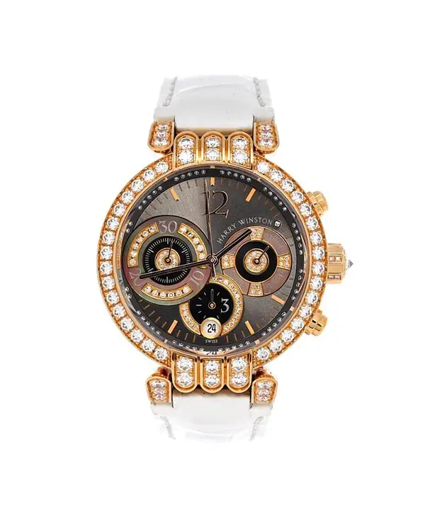 HARRY WINSTON Premier Chronograph Automatic Watch In Rose Gold And Alligator With Diamond Bezel, Dial And Lugs And Grey Mother Of Pearl 39mm - Dial Color: Gray
