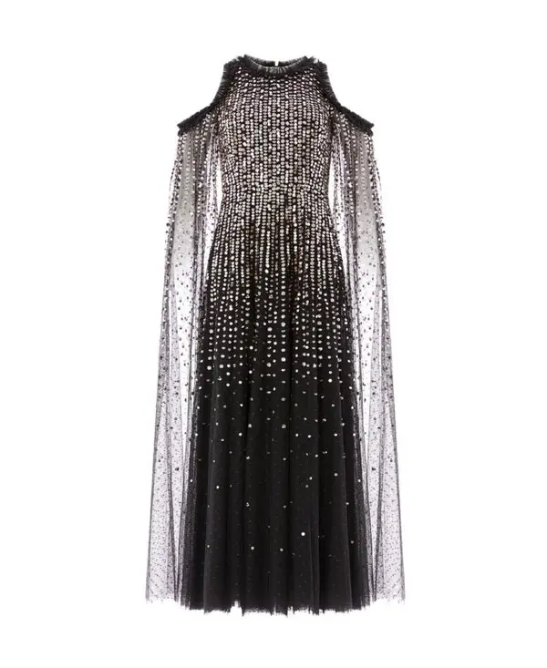 NEEDLE & THREAD Moonlight Sequin Cape Sleeve Ankle Gown - Graphite/metallic