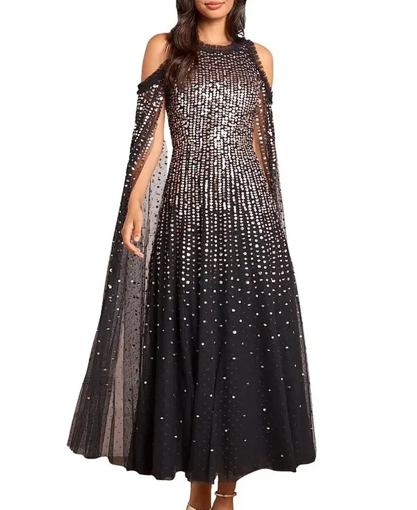 NEEDLE & THREAD Moonlight Sequin Cape Sleeve Ankle Gown - Graphite/metallic