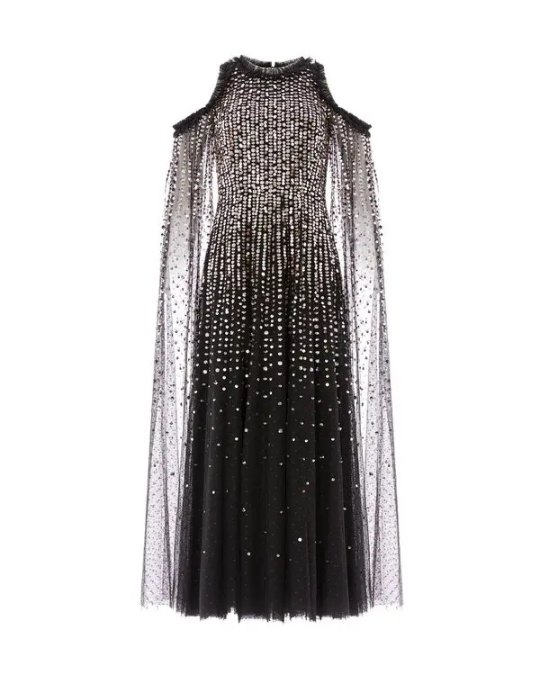 NEEDLE & THREAD Moonlight Sequin Cape Sleeve Ankle Gown - Graphite/metallic