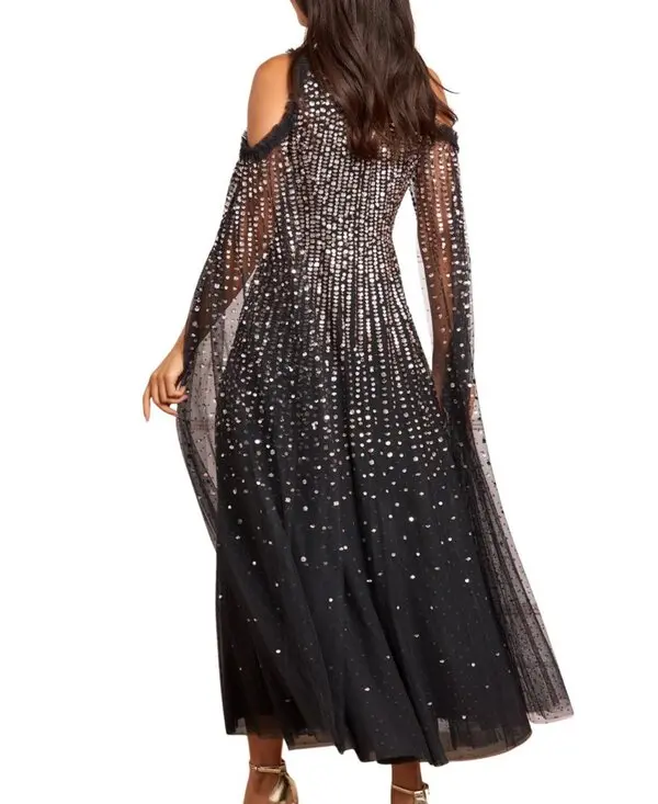 NEEDLE & THREAD Moonlight Sequin Cape Sleeve Ankle Gown - Graphite/metallic