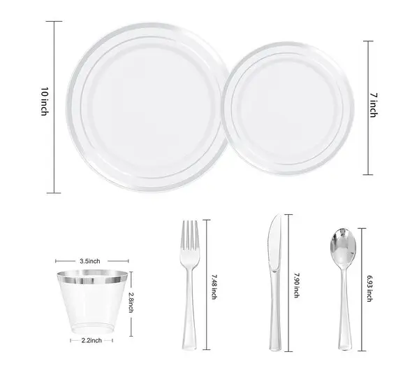 ELAMA 600 Pc Disposable Dinnerware Set For 100 In White Silver