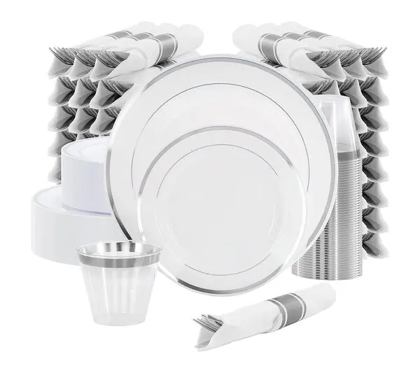 ELAMA 350 Pc Disposable Dinnerware Set For 50 I N White Silver - One-color
