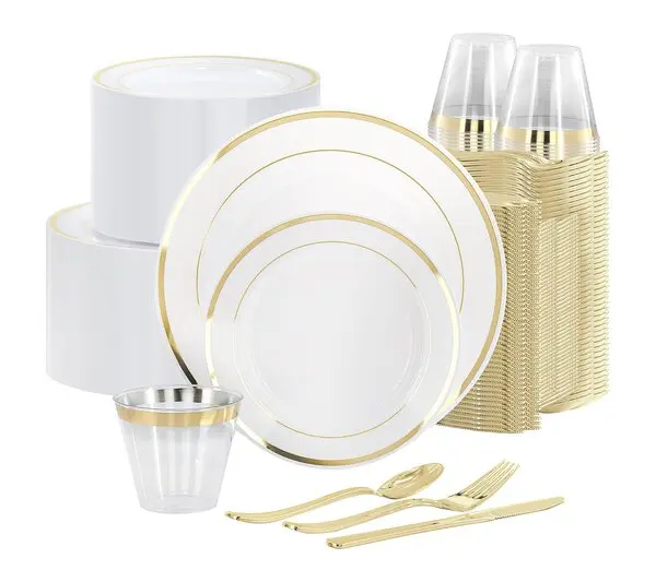 ELAMA 600 Pc Disposable Dinnerware Set For 100 In White Gold - One-color