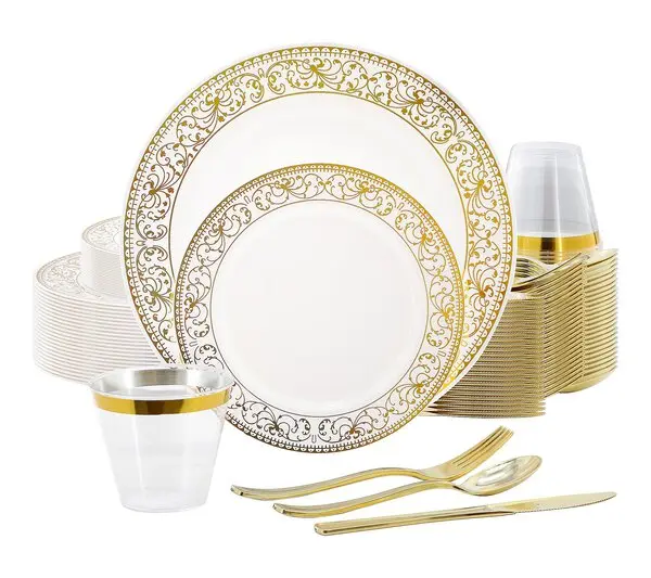 ELAMA 150pc Disposable Dinnerware Set For 25 Wi Th Gold Decal - One-color