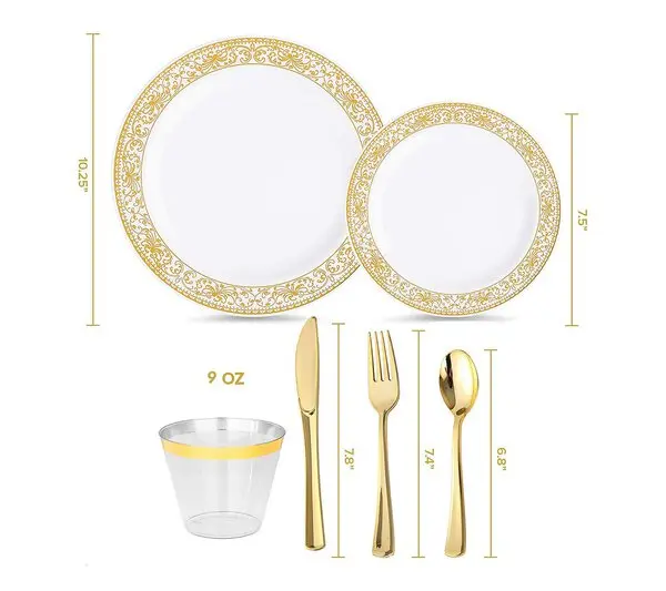 ELAMA 150pc Disposable Dinnerware Set For 25 Wi Th Gold Decal