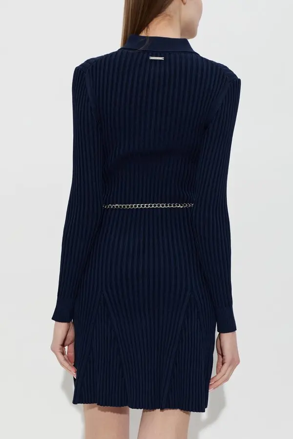 Michael Kors Long-sleeve Ribbed Knit Dress With Chain - Navy Blue