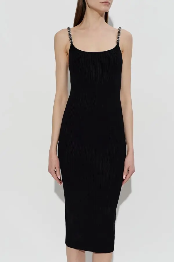 Michael Kors Off-shoulder Ribbed Knit Midi Dress With Chain Straps