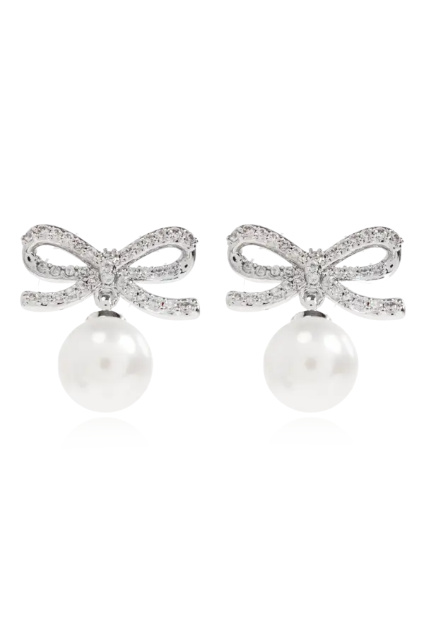 SELF-PORTRAIT Bow Crystal Pearl Stud Earrings - Silver