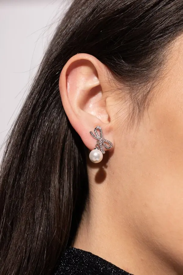 SELF-PORTRAIT Bow Crystal Pearl Stud Earrings - Silver