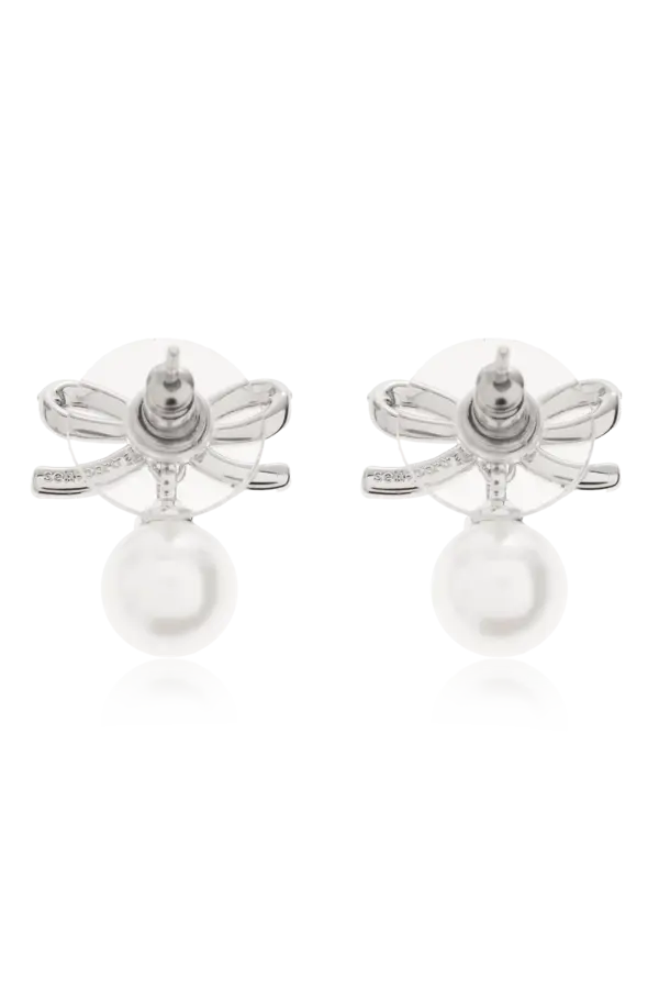 SELF-PORTRAIT Bow Crystal Pearl Stud Earrings - Silver