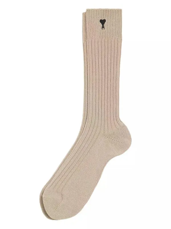 AMI Paris Cotton Crew Socks With De Coeur Embroidery - Neutrals