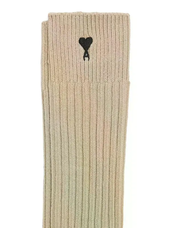 AMI Paris Cotton Crew Socks With De Coeur Embroidery - Neutrals