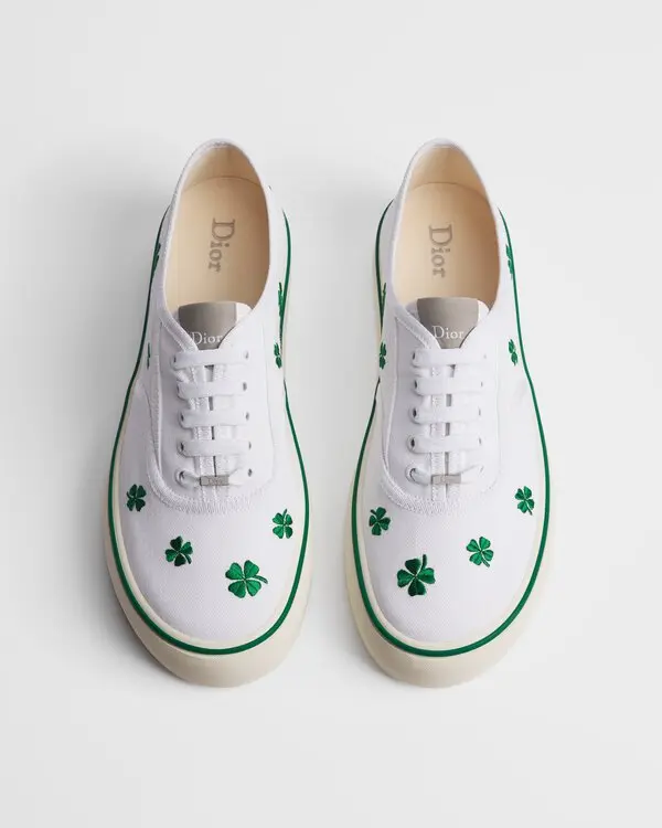 Dior Saltwind Sneaker - White Cotton Embroidered With Bright Green Dior Clover Motif