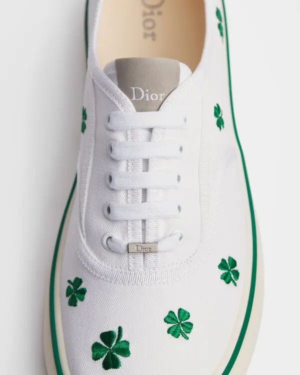 Dior Saltwind Sneaker - White Cotton Embroidered With Bright Green Dior Clover Motif