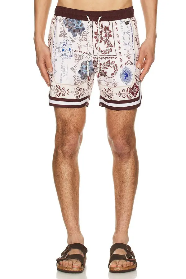 Agua Bendita Dan Swim Trunks In Burgundy, Blue, & White - Burgandy, Blue, & White