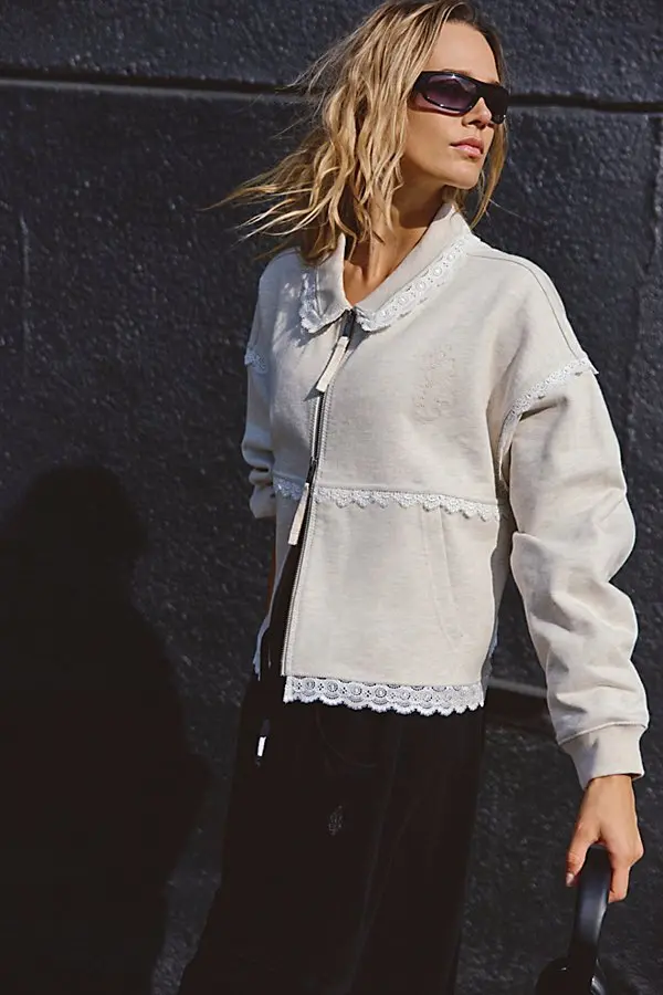 Free People Lace-trimmed Zip-up Top