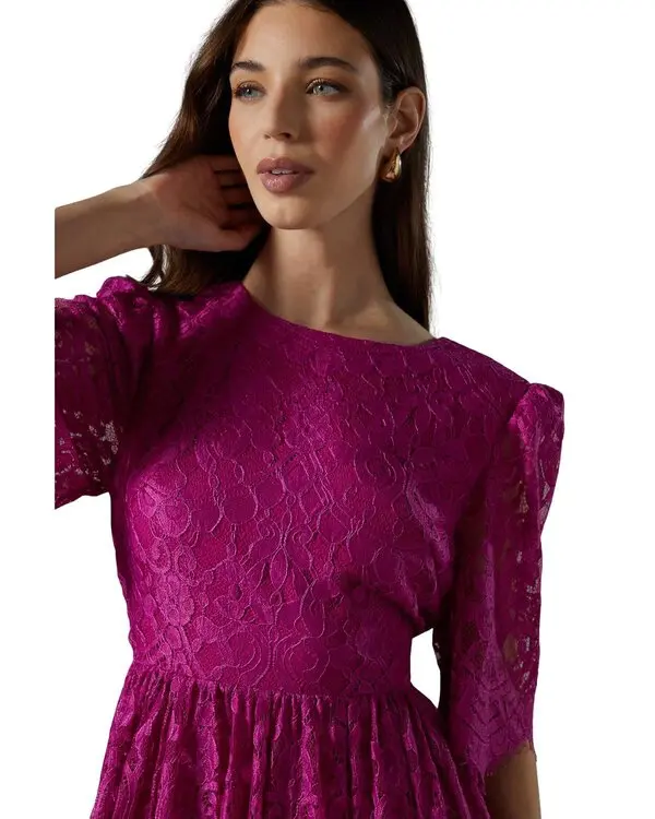 Coast Lace Short Sleeve Midi Dress - Magenta