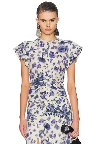 Isabel Marant Étoile Ruched Floral Print Silk Blend Top - Blue