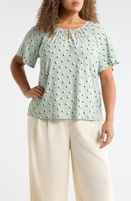 Anne Klein Dot Print Keyhole Peasant Top - Soft Aloe Multi