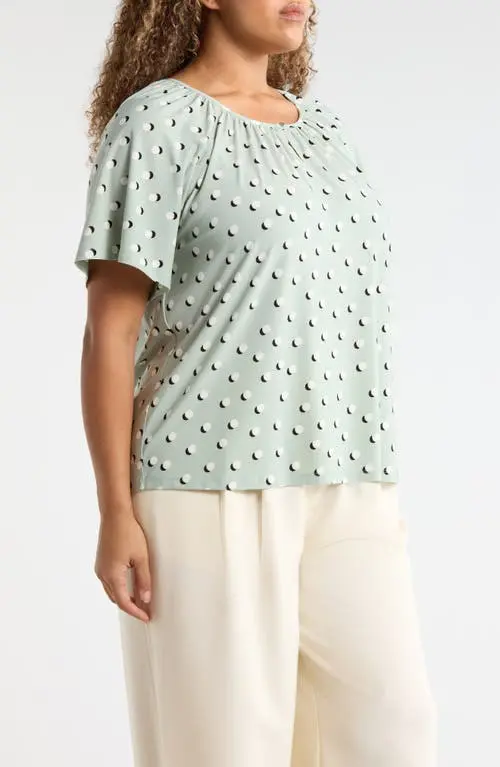 Anne Klein Dot Print Keyhole Peasant Top - Soft Aloe Multi