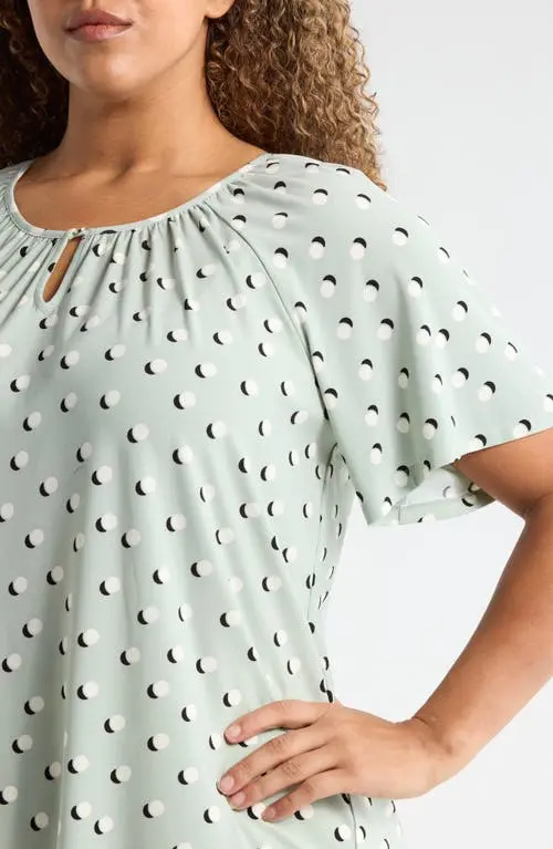 Anne Klein Dot Print Keyhole Peasant Top - Soft Aloe Multi