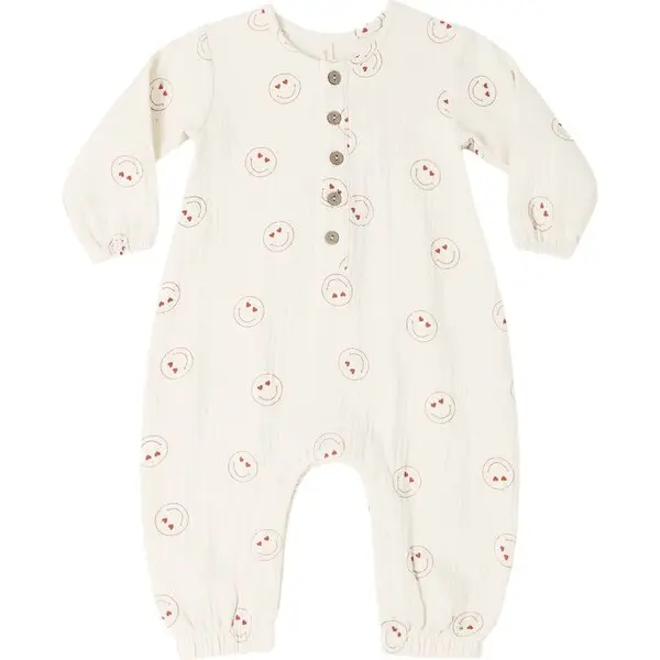 QUINCY MAE Heart Eyes Print Organic Cotton Romper - Natural