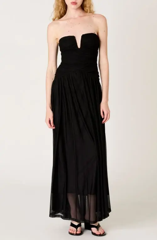 NIA Ruched Strapless Chiffon Maxi Dress - Black