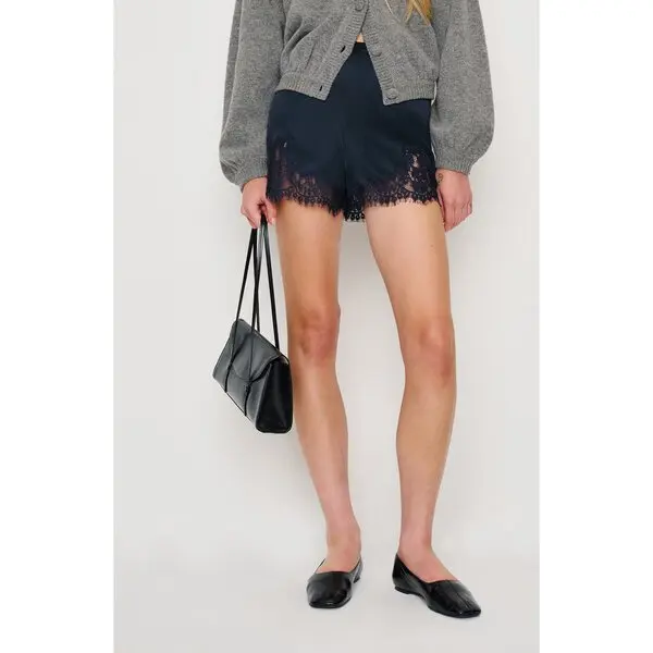 REFORMATION Lace Trim Satin Shorts - Midnight
