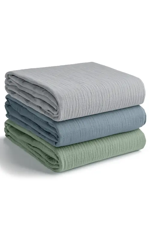 COMFY CUBS 100% Cotton Muslin Swaddle Blankets Pack Of 3 - Heather Blue/pacific Blue/fern