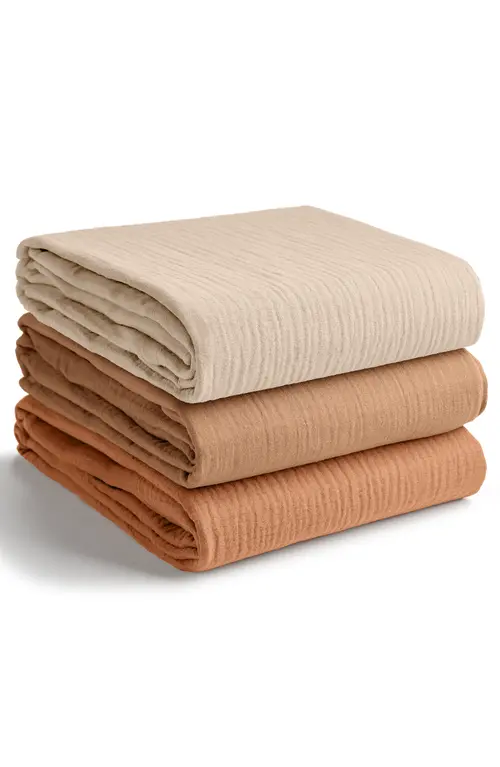 COMFY CUBS 100% Cotton Muslin Swaddle Blankets Pack Of 3 - Sand/ Cedar/ Caramel