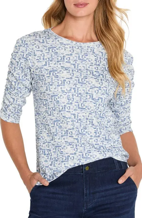 NIC+ZOE Geo Print Ruched Sleeve Top - Blue Multi