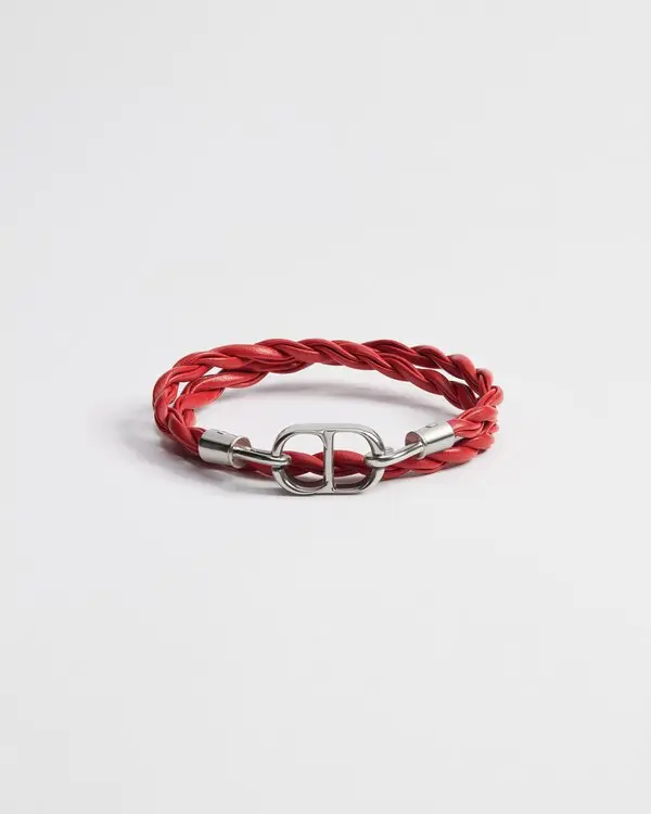 Dior Cd Icon Woven Leather Double Bracelet - Red Calfskin And Silver-finish Brass